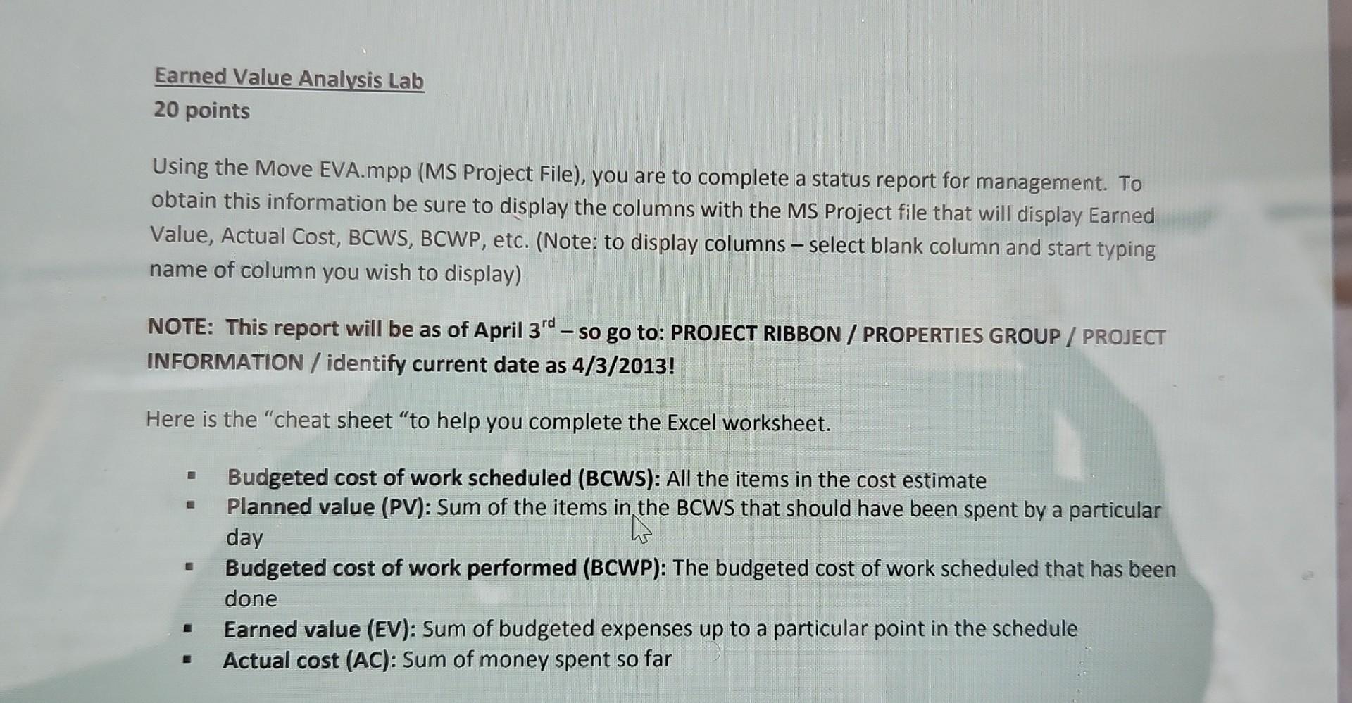 20 points Using the Move EVA.mpp (MS Project File), | Chegg.com