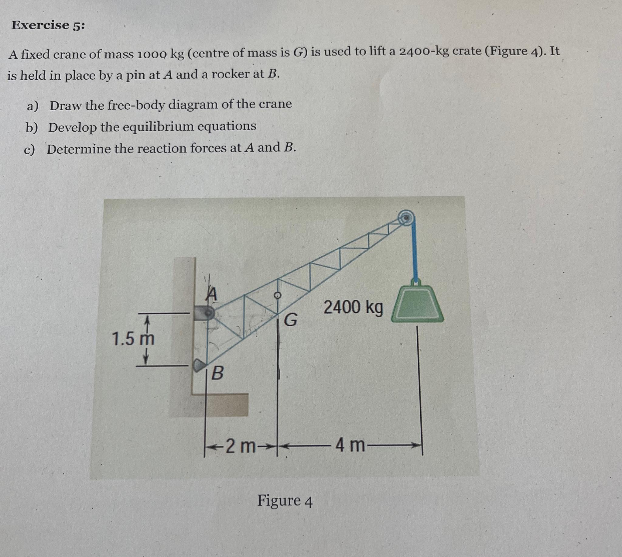 Solved Exercise 5:A fixed crane of mass 1000kg (centre of | Chegg.com