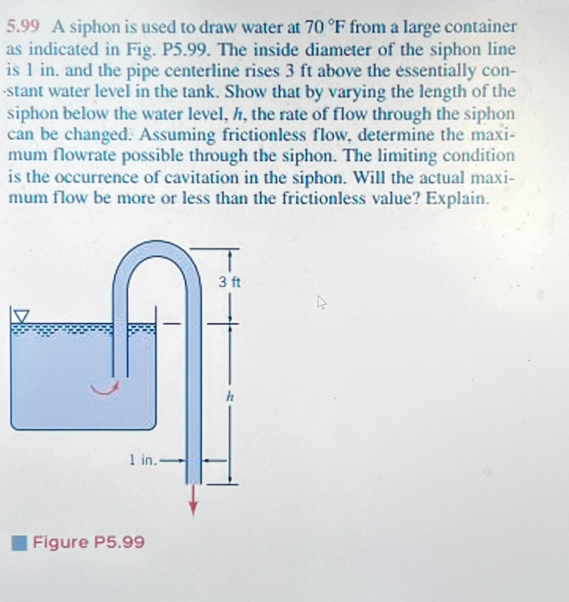 Solved 5.99 ﻿A siphon is used to draw water at 70°F ﻿from a | Chegg.com