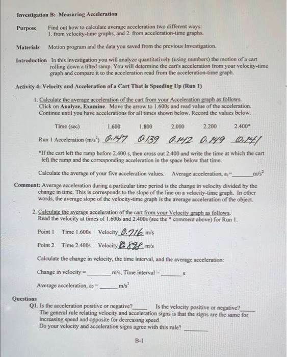 Solved Investigation B: Measuring Acceleration Purpose Find | Chegg.com