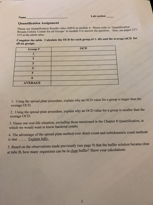Name Lab section Quantification Assignment Please see | Chegg.com
