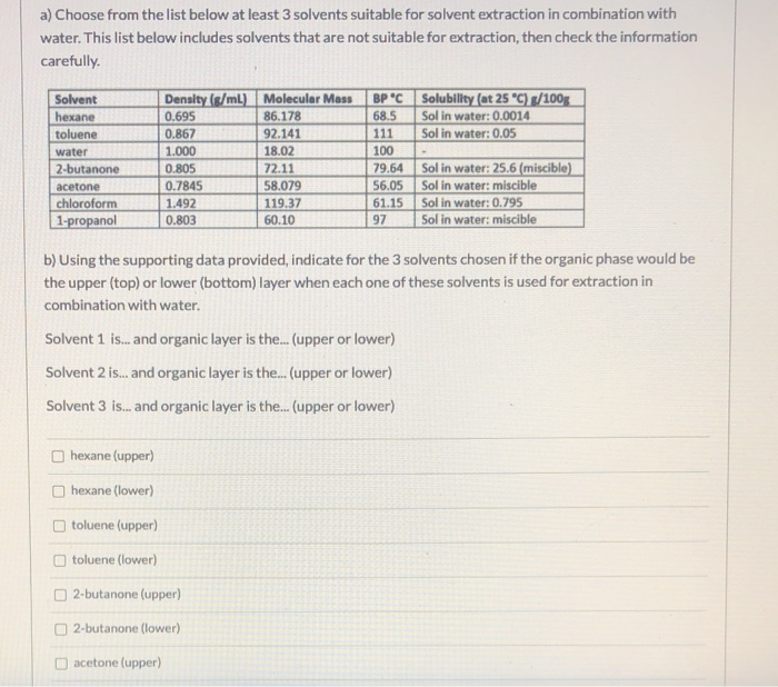 Solved a) Choose from the list below at least 3 solvents | Chegg.com