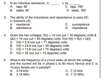 Solved In an inductive reactance, VL q, ﻿IL by q,A. ﻿lags, | Chegg.com