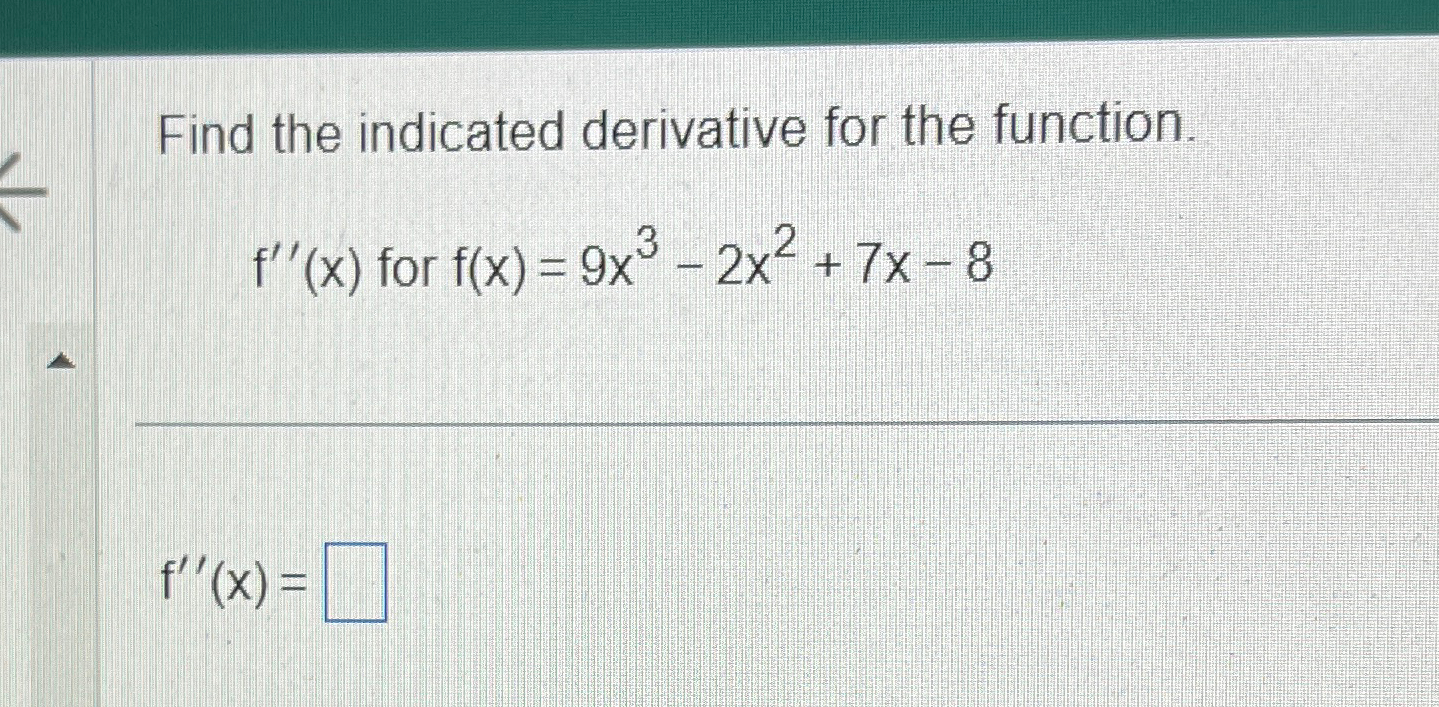 Solved Find the indicated derivative for the function.f''(x) | Chegg.com