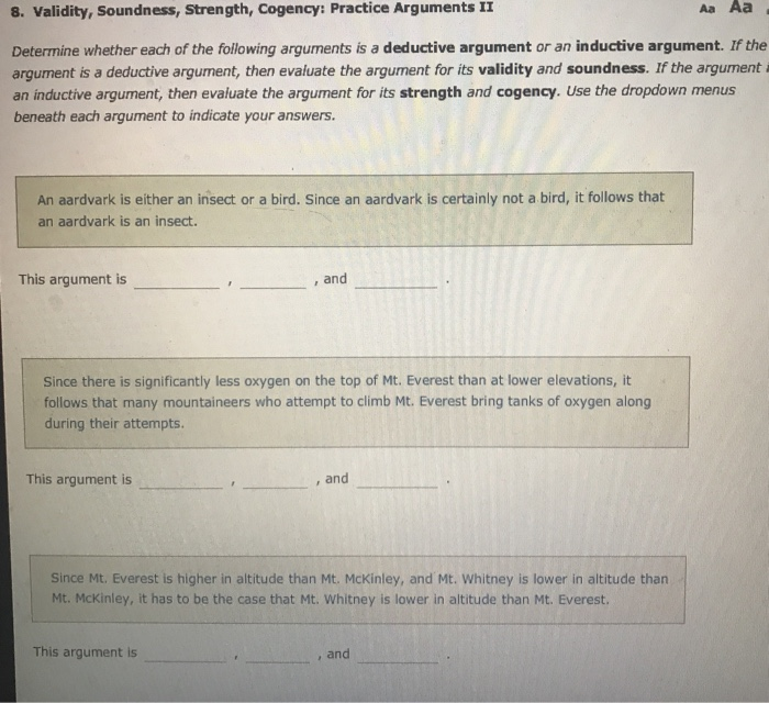 Solved 8. Validity, Soundness, Strength, Cogency: Practice | Chegg.com