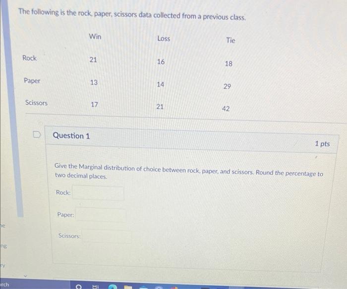 Solved The following is the rock, paper, scissors data | Chegg.com