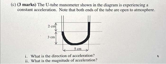 Solved fluid mechanics (c) (3 marks) The U-tube manometer | Chegg.com