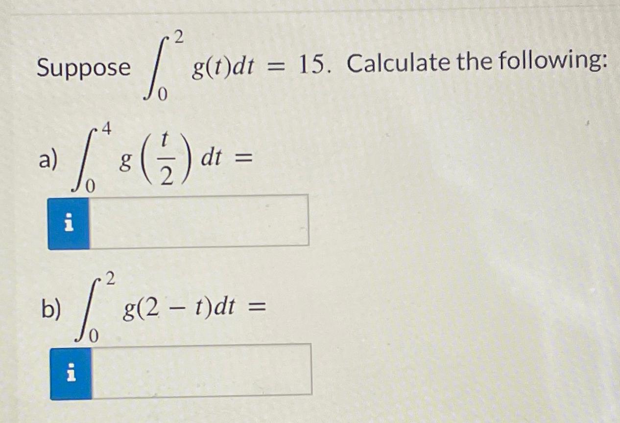 Solved Suppose ∫02g(t)dt=15. ﻿Calculate the | Chegg.com