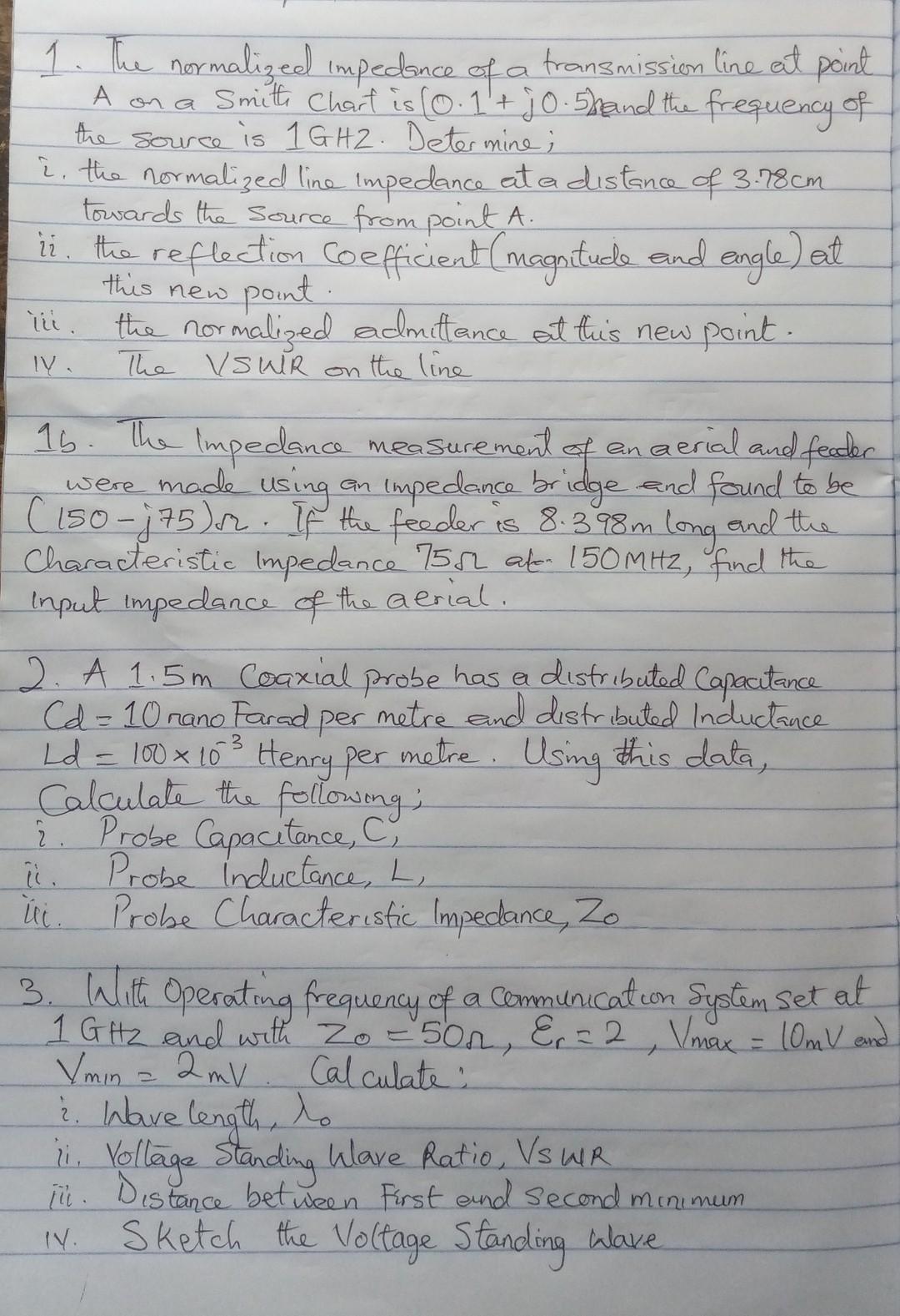 Solved 1. The normalized impedance of a transmission line at | Chegg.com