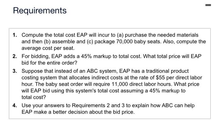 Solved Requirements 1. Compute the total cost EAP will incur | Chegg.com