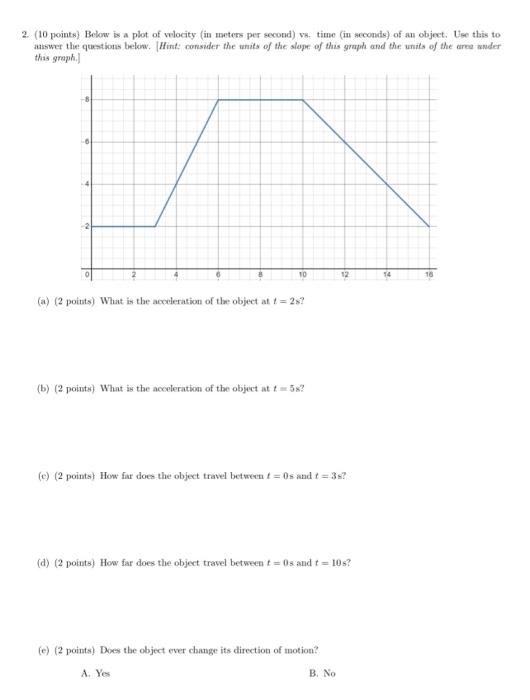 Solved 2. (10 points) Below is a plot of velocity (in meters | Chegg.com
