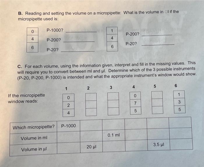Solved B. Reading and setting the volume on a micropipette: | Chegg.com