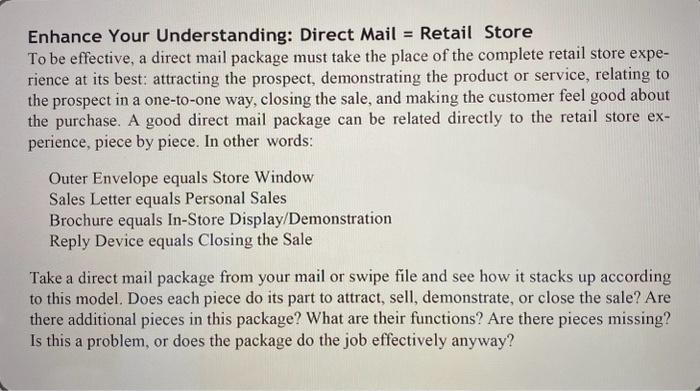 Solved Enhance Your Understanding: Direct Mail = Retail | Chegg.com