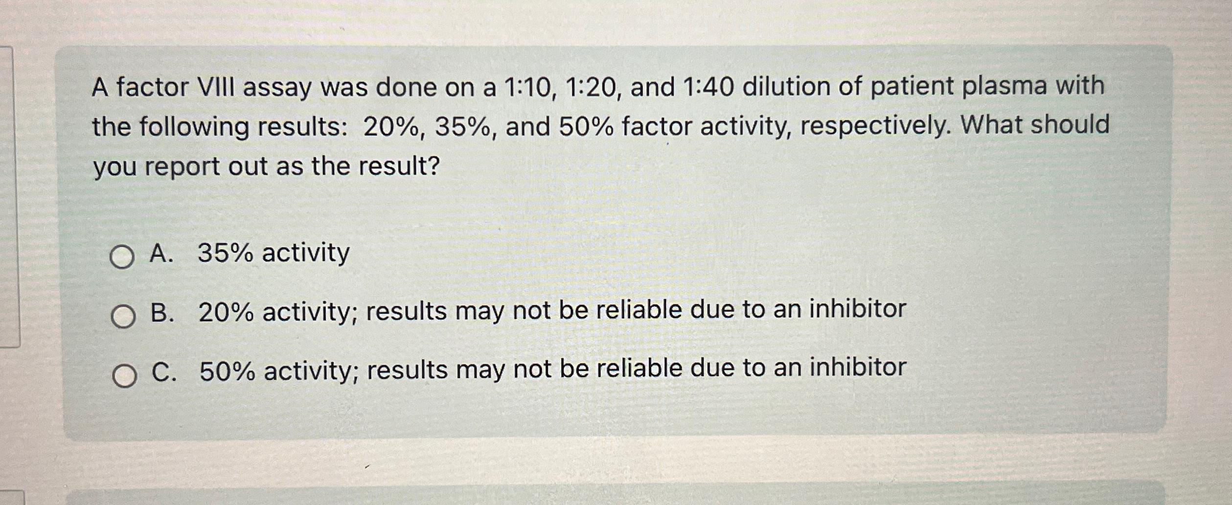 Solved A factor VIII assay was done on a 1:10, 1:20, ﻿and | Chegg.com