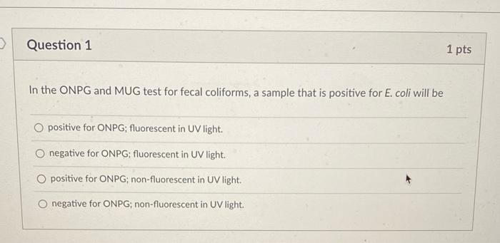 Solved Question 1 1 pts In the ONPG and MUG test for fecal | Chegg.com Solved Question 1 1 pts In the ONPG and MUG test for fecal | Chegg.com