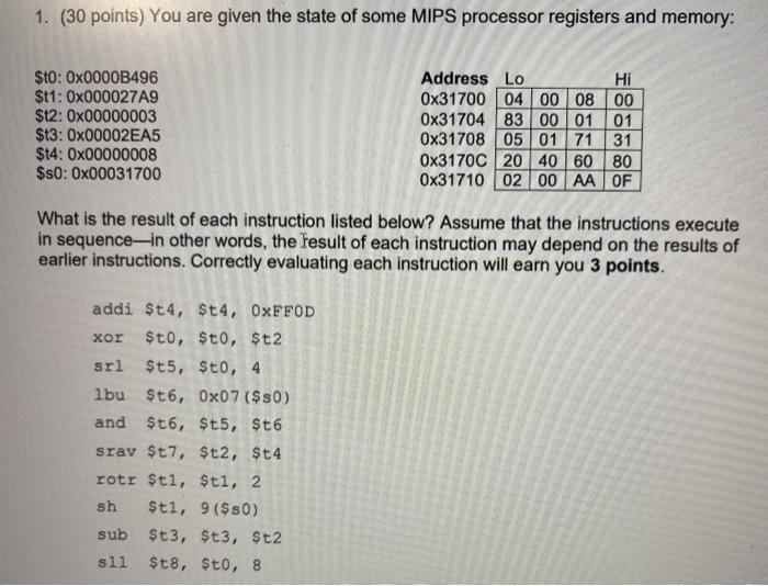 Solved 1. (30 points) You are given the state of some MIPS | Chegg.com