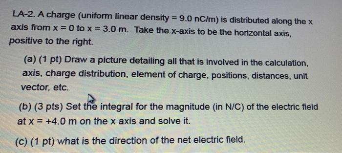 Solved LA-2. A charge (uniform linear density = 9.0 nC/m) is | Chegg.com