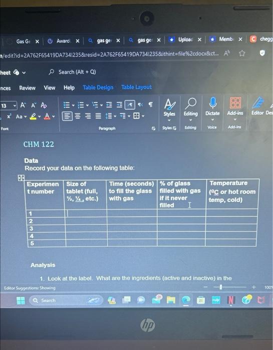 CHM 122 Data Record your data on the following table: | Chegg.com