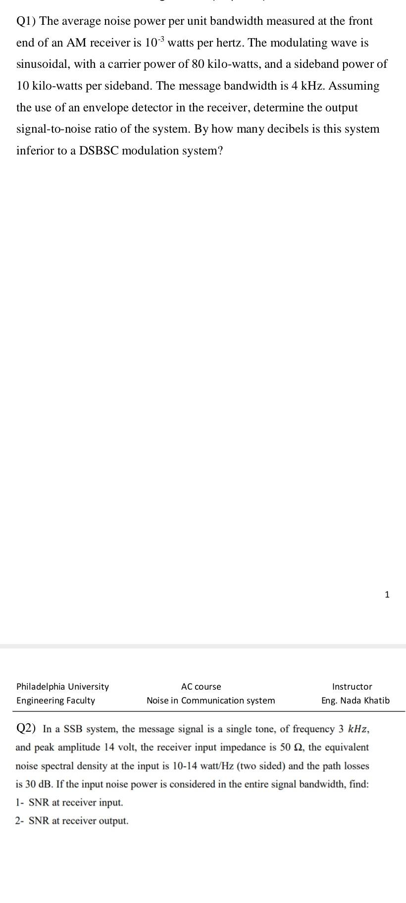 Q1) The average noise power per unit bandwidth | Chegg.com