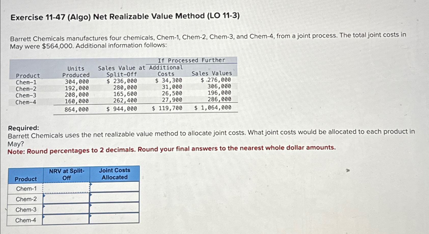 Solved Exercise 11-47 (Algo) ﻿Net Realizable Value Method | Chegg.com