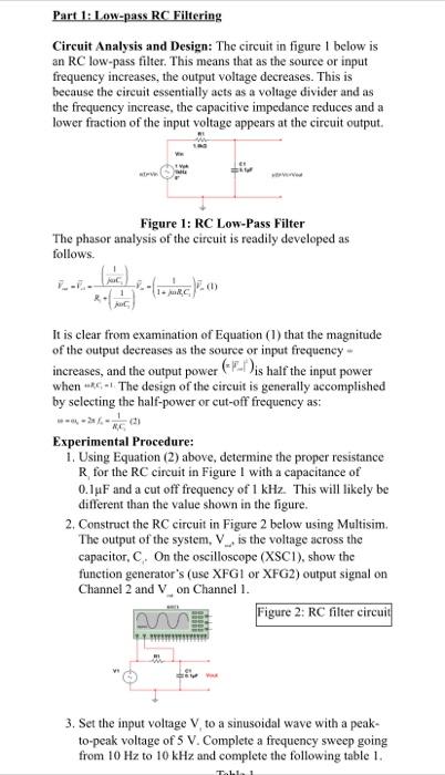 Solved Part 1: Low-pass RC Filtering Circuit Analysis and | Chegg.com