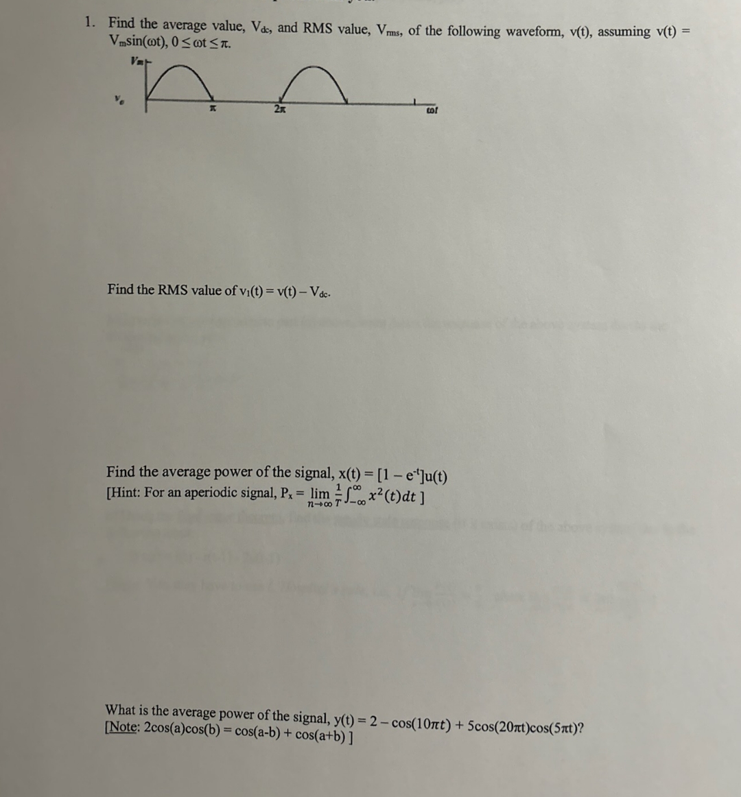 Solved Find the average value, Vdc, ﻿and RMS value, Vmss, | Chegg.com