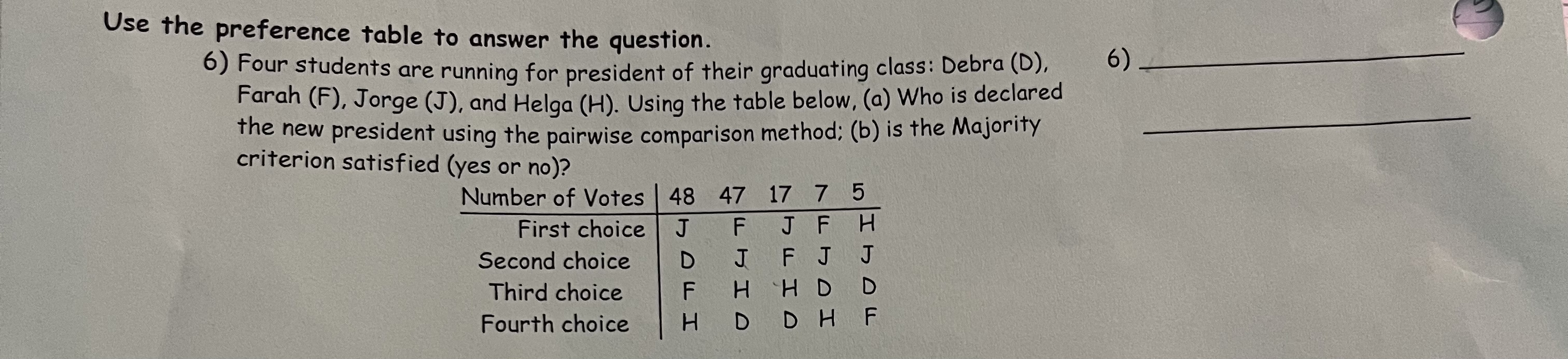Solved Use the preference table to answer the question.Four | Chegg.com
