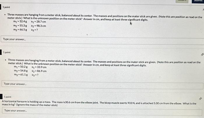 Solved - Three masses are hanging from a meter stick, | Chegg.com