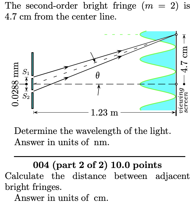 Solved The second-order bright fringe (m=2) ﻿is4.7cm ﻿from | Chegg.com