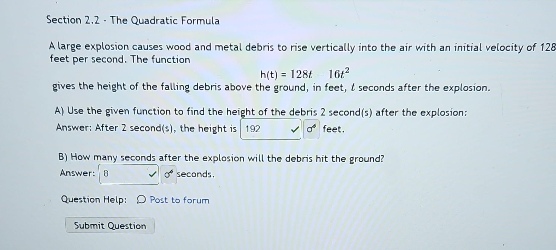 Solved Section 2.2 - The Quadratic Formula A large explosion | Chegg.com
