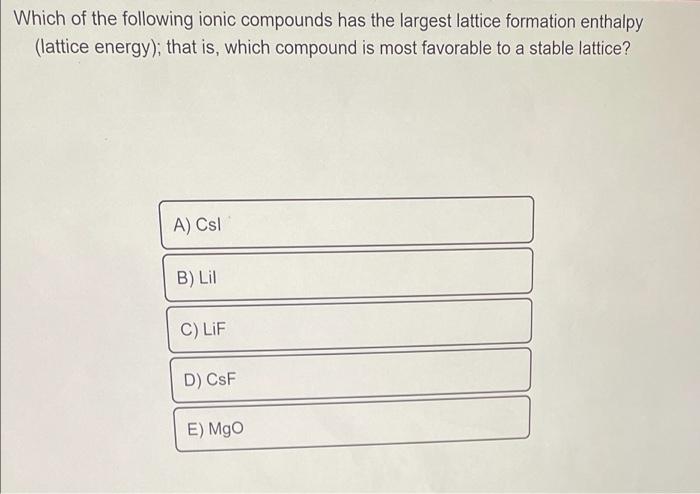 Solved Which of the following ionic compounds has the | Chegg.com