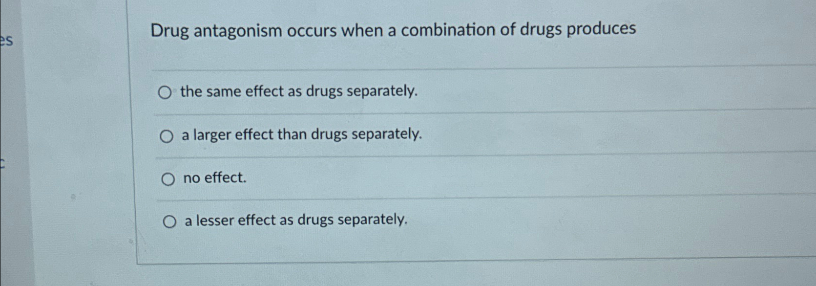 Solved Drug antagonism occurs when a combination of drugs | Chegg.com