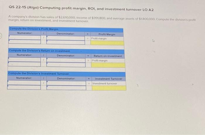 Solved QS 22-15 (Algo) Computing profit margin, ROI, and | Chegg.com