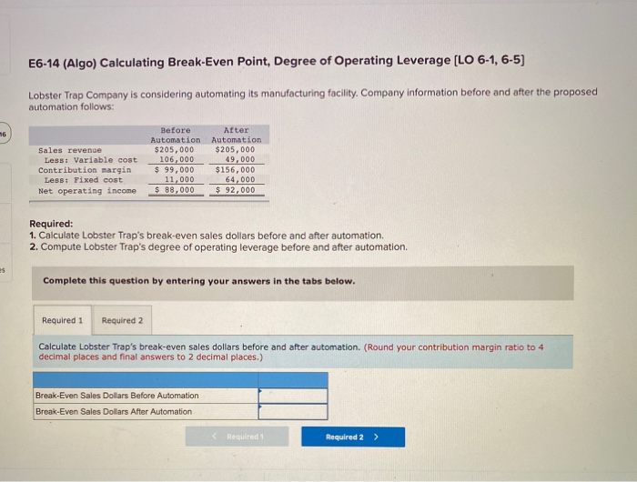 Solved E6-14 (Algo) Calculating Break-Even Point, Degree of | Chegg.com