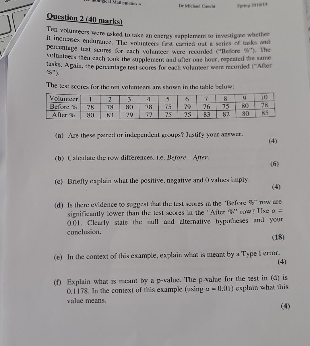 Solved Question 2 (40 marks) Ten volunteers were asked to | Chegg.com