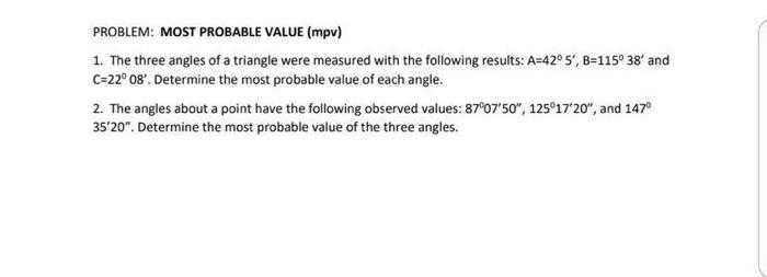 Solved PROBLEM: MOST PROBABLE VALUE (mpv) 1. The three | Chegg.com