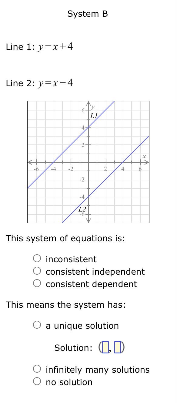 Solved System BLine 1: y=x+4Line 2: y=x-4This system of | Chegg.com