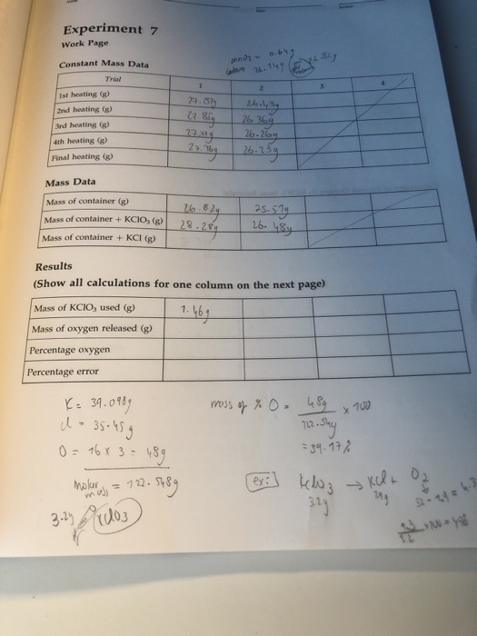 lab : percebtage of oxygen in potassium chlorate. | Chegg.com