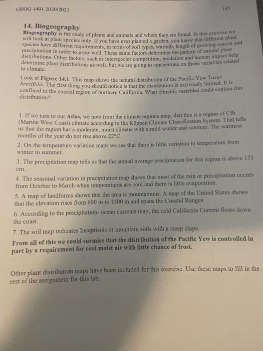 GEOG 1401 2020/2021 145 14. Biogeography Biogeography | Chegg.com