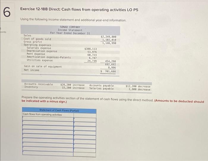 Solved 6 Exercise 12-18B Direct: Cash flows from operating | Chegg.com