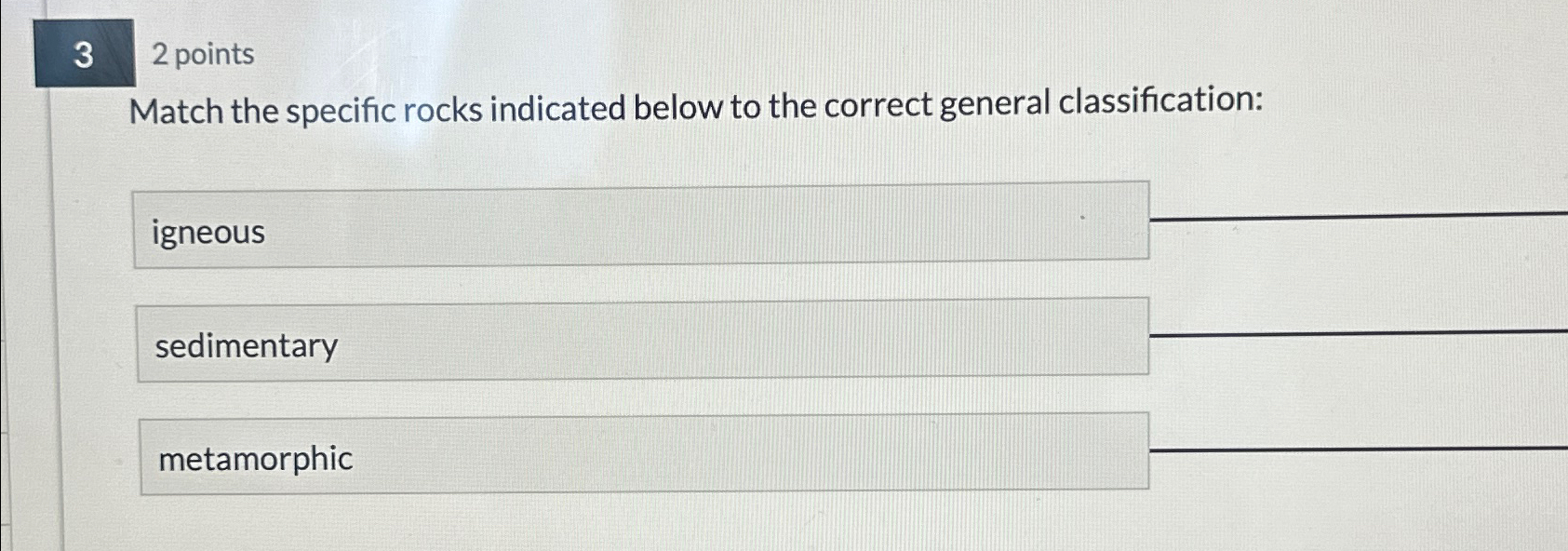 Solved 32 ﻿pointsMatch the specific rocks indicated below to | Chegg.com
