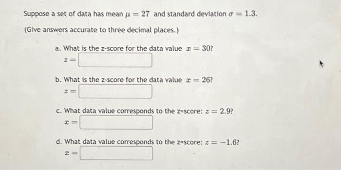Solved iuppose a set of data has mean μ=27 and standard | Chegg.com