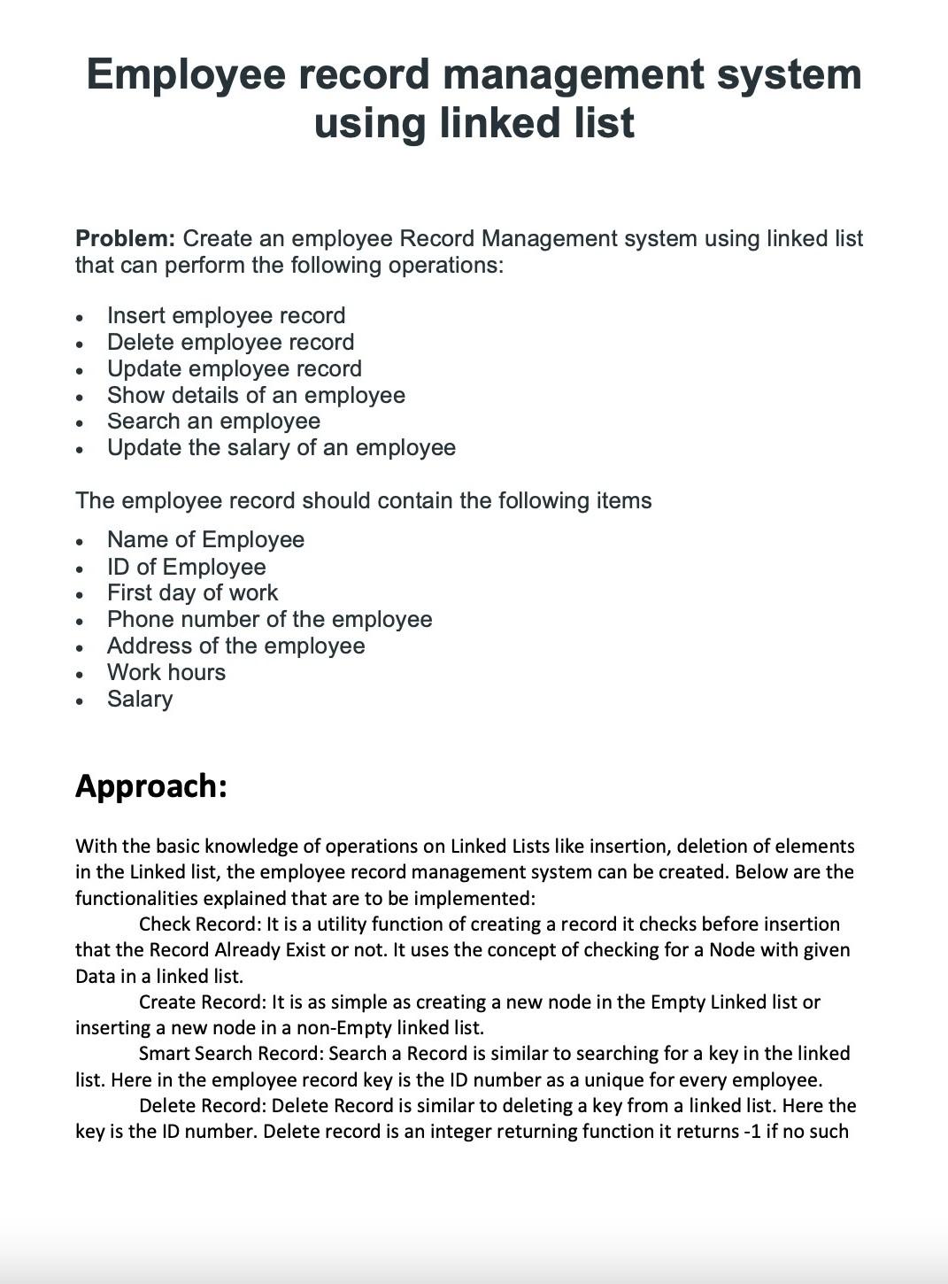 Solved Employee record management system using linked list | Chegg.com