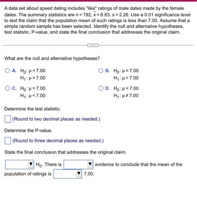 Solved A data set about speed dating includes "like" ratings | Chegg.com