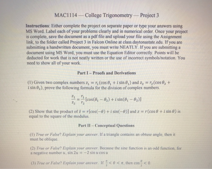 Solved MAC1114 - College Trigonometry - Project 3 | Chegg.com