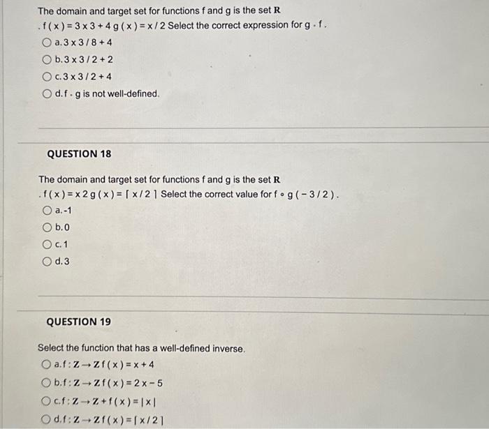 Solved The domain and target set for functions f and g is | Chegg.com