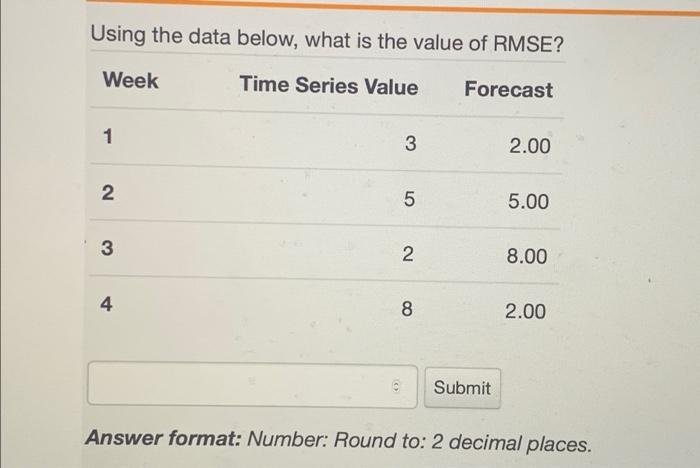 Solved Using the data below, what is the value of RMSE? Week | Chegg.com