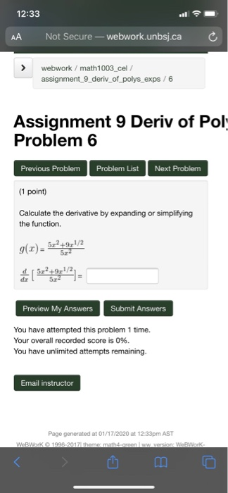 Solved 12:33 AA Not Secure - webwork.unbsj.ca C webwork / | Chegg.com