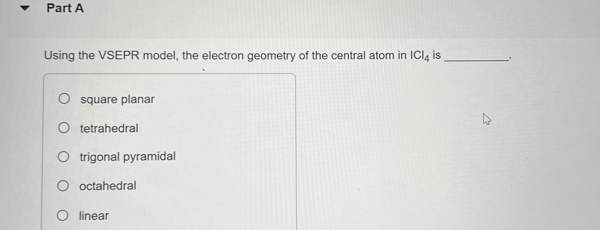 Solved Part AUsing the VSEPR model, the electron geometry of | Chegg.com