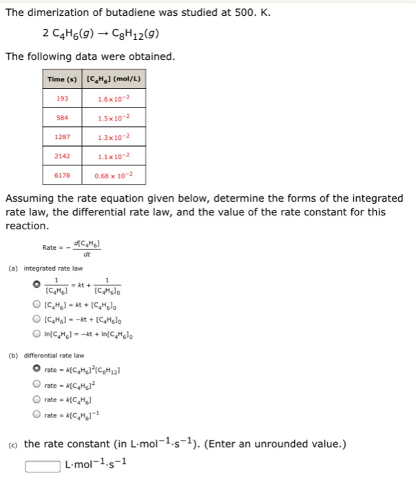 Solved The dimerization of butadiene was studied at 500. K. | Chegg.com